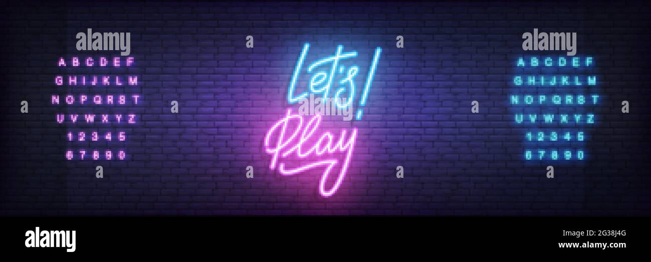 Let's Play neon template. Glowing neon lettering Lets play sign Stock ...
