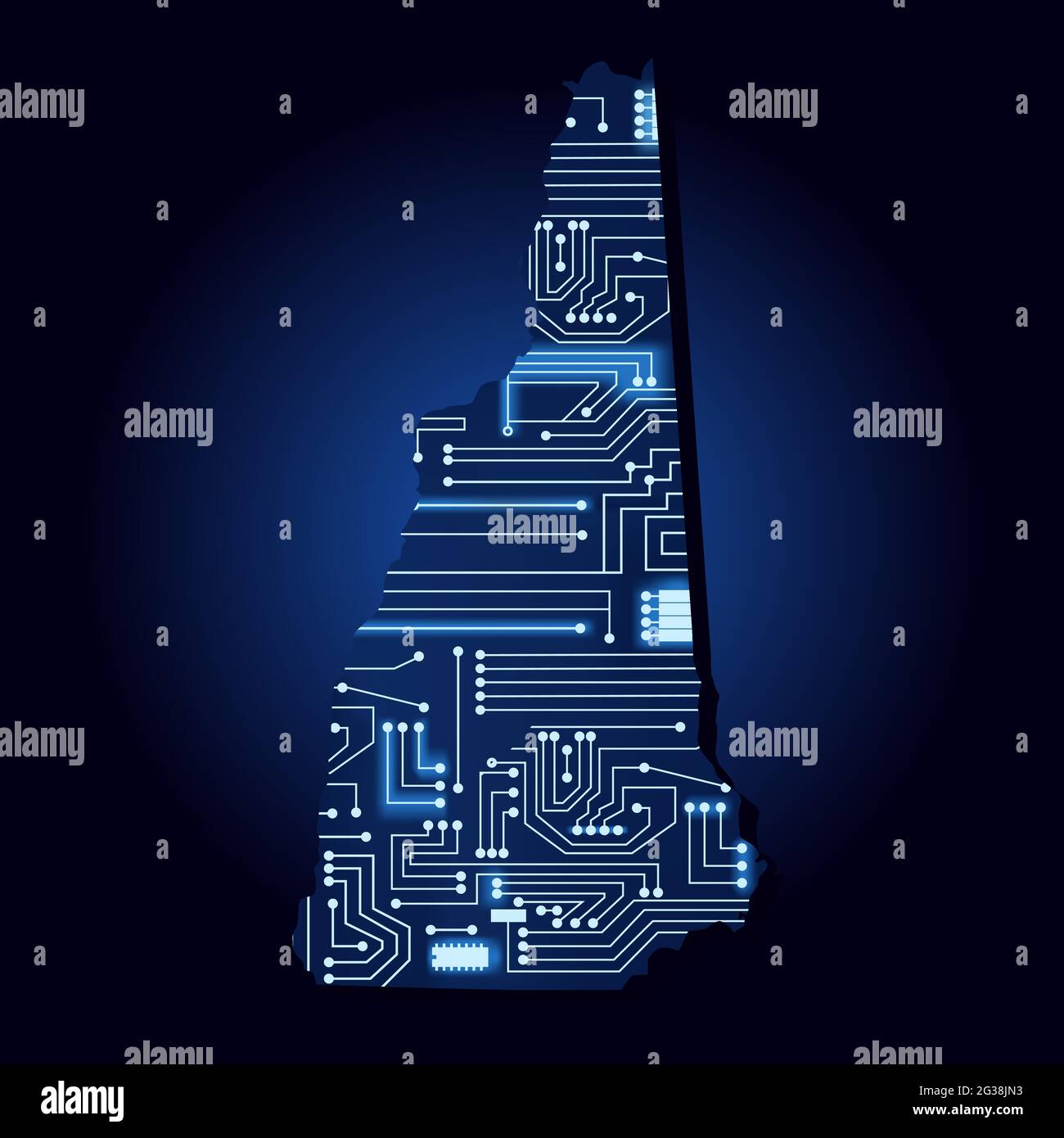 Contour map of New Hampshire with a technological electronics circuit ...