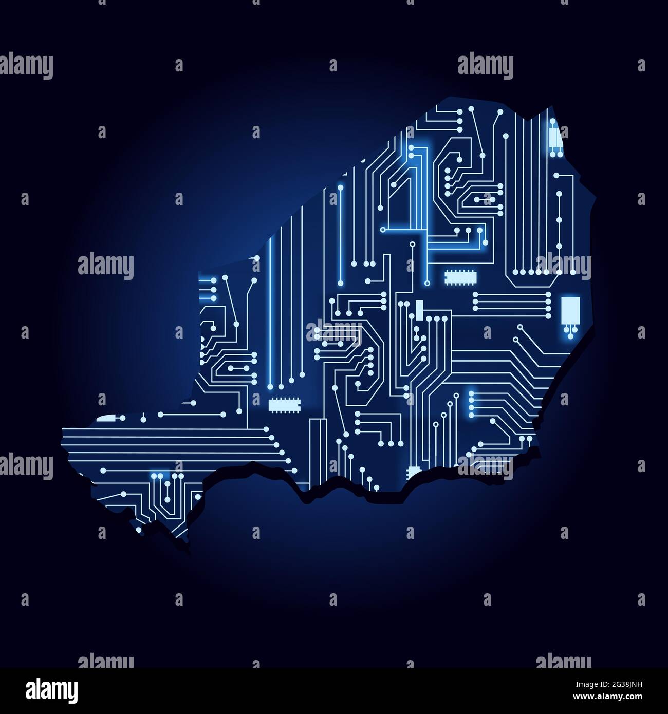 Contour map of Niger with a technological electronics circuit. African ...