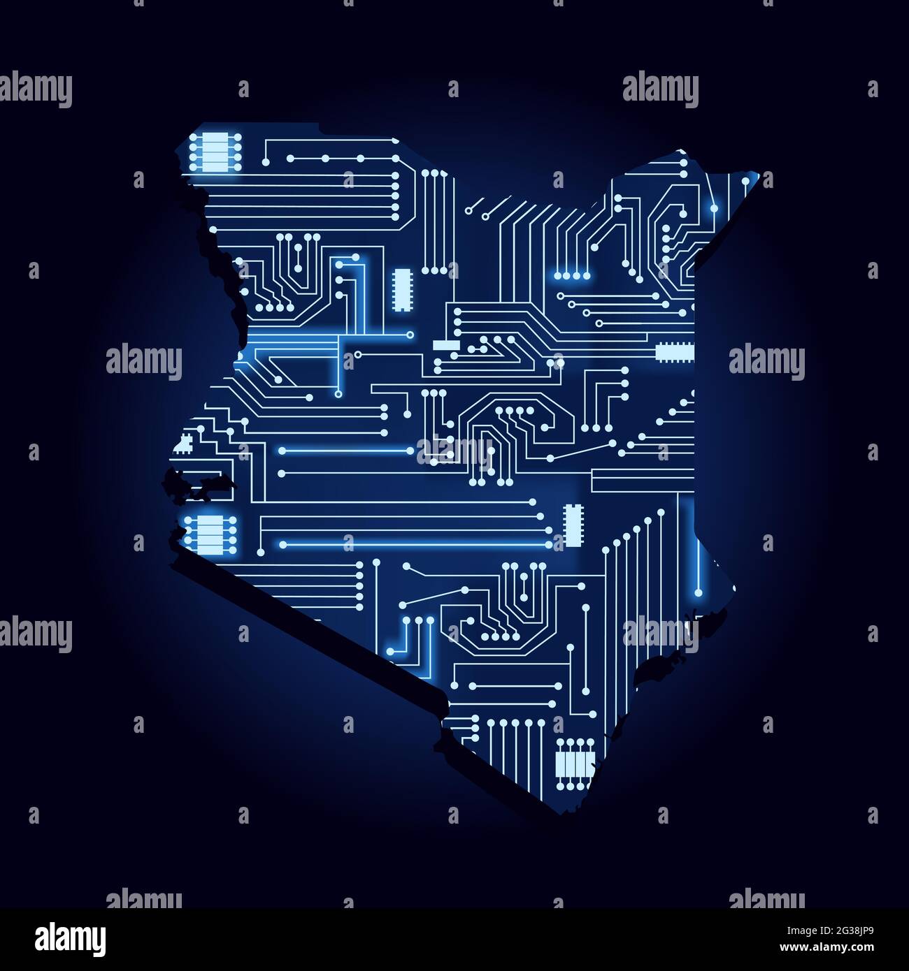 Contour map of Kenya with a technological electronics circuit. African ...