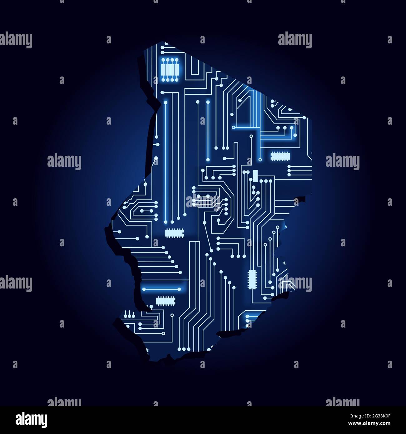 Contour map of Chad with a technological electronics circuit. African ...