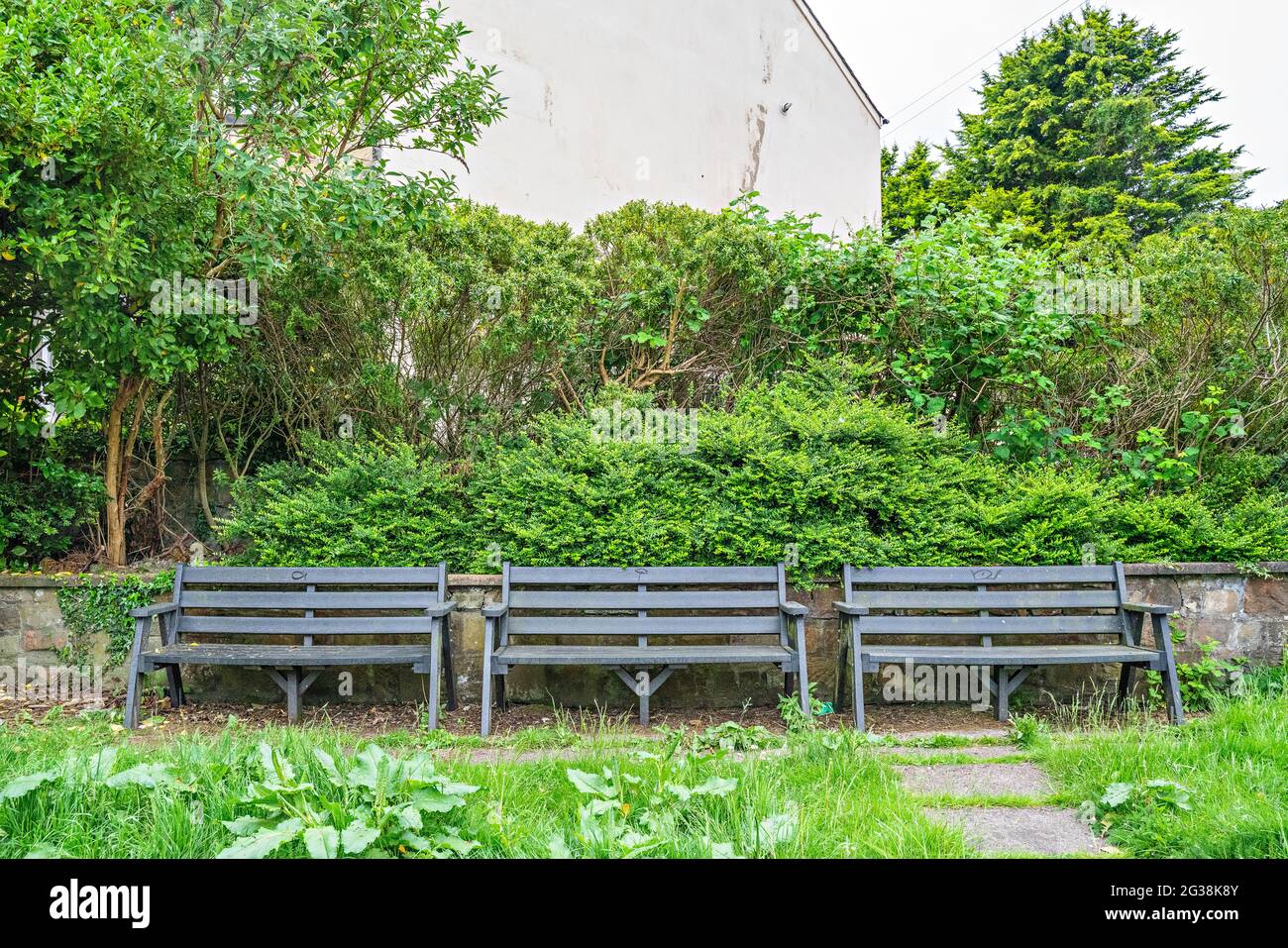Three wooden bench seats in a row Stock Photo - Alamy