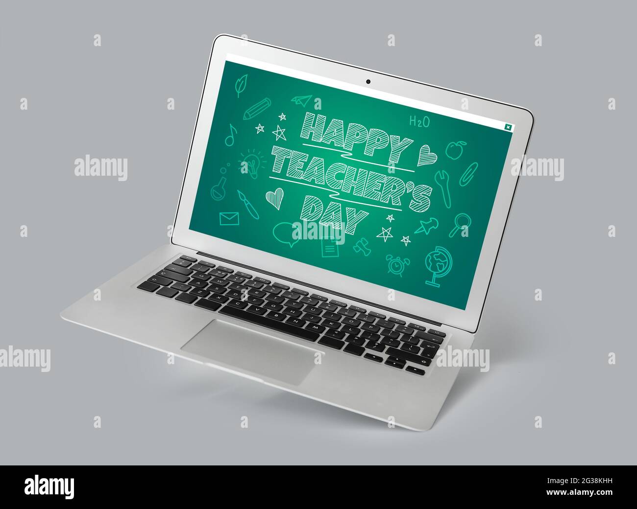 Text HAPPY TEACHER'S DAY on screen of laptop against grey background ...