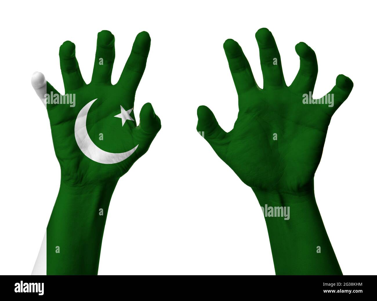 Hands in colors of Pakistan flag on white background Stock Photo - Alamy