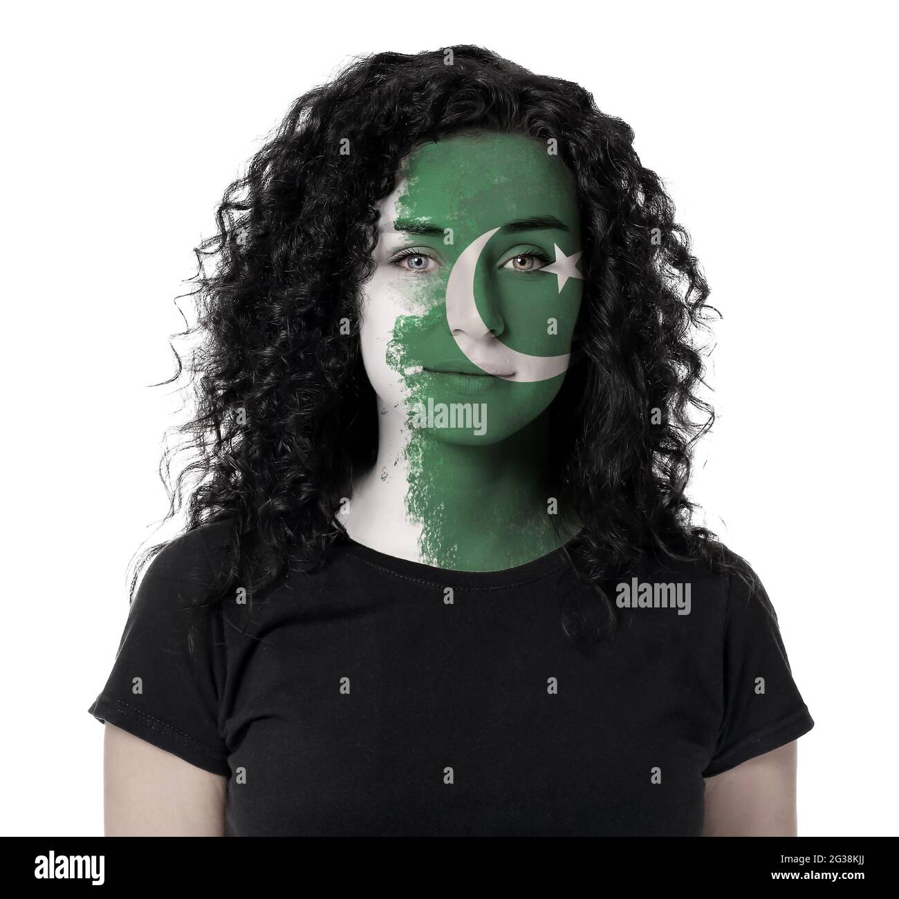 Young woman with face in colors of Pakistan flag on white background ...