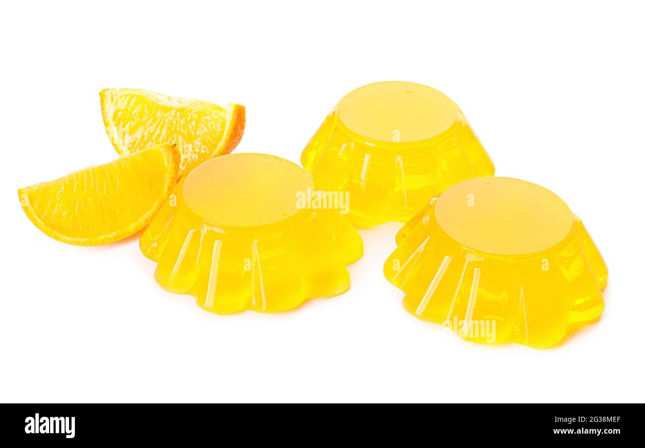 Tasty orange jelly on white background Stock Photo - Alamy