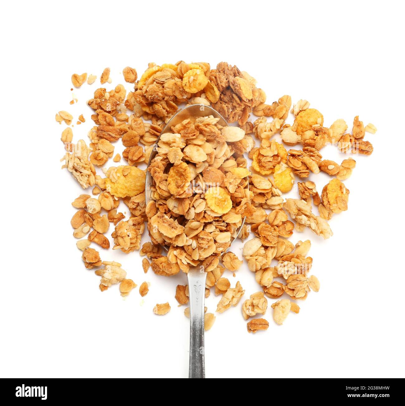 Spoon with tasty granola on white background Stock Photo - Alamy