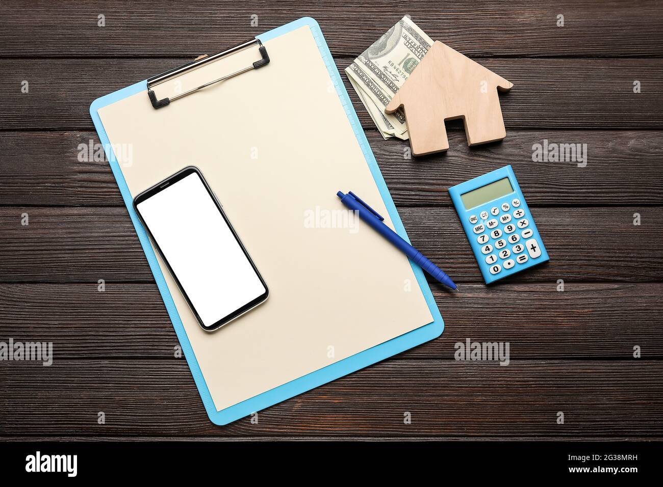 Composition with mobile phone and clipboard on wooden background Stock ...