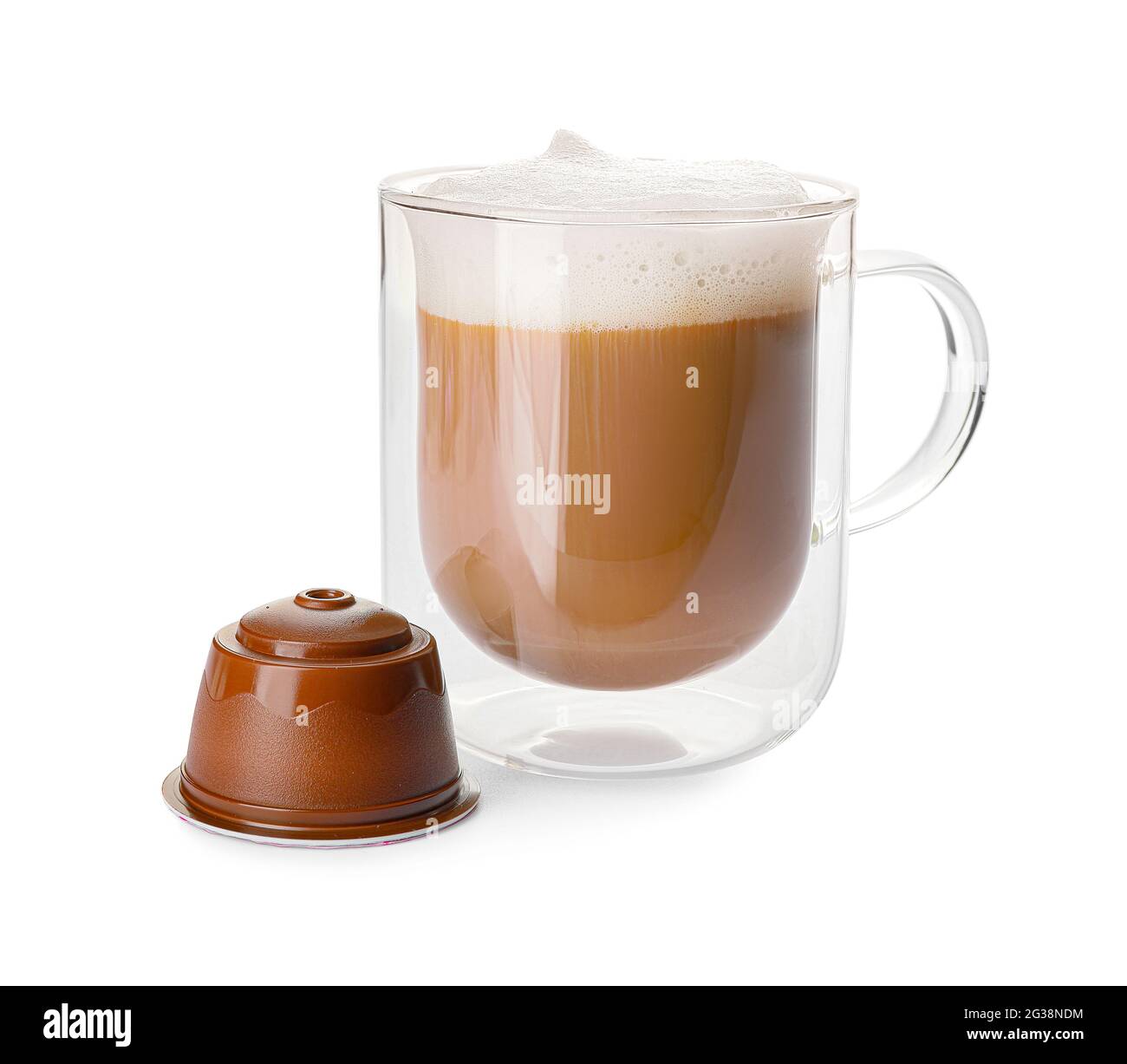 Glass cup of coffee with capsule on white background Stock Photo - Alamy