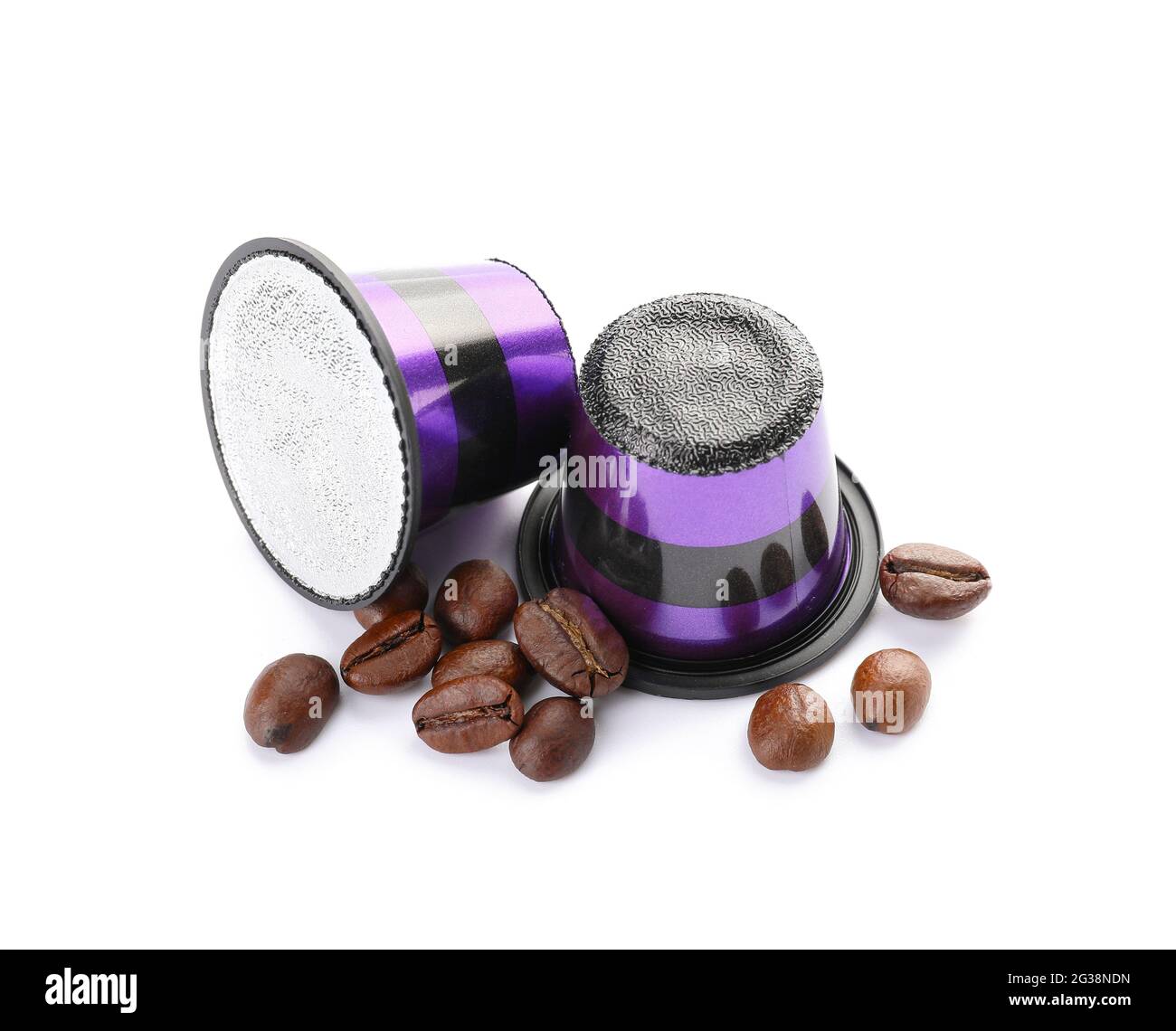 Coffee capsules with beans on white background Stock Photo - Alamy