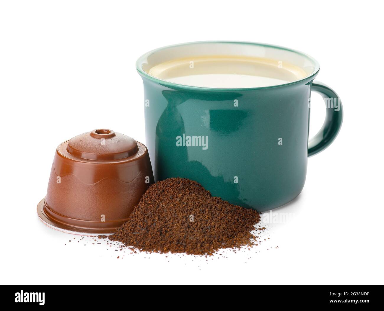 Cup of coffee with capsule and powder on white background Stock Photo ...