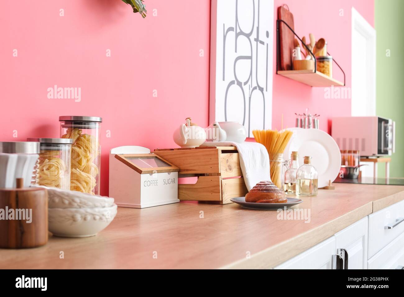 Tasty food on counter in kitchen Stock Photo - Alamy