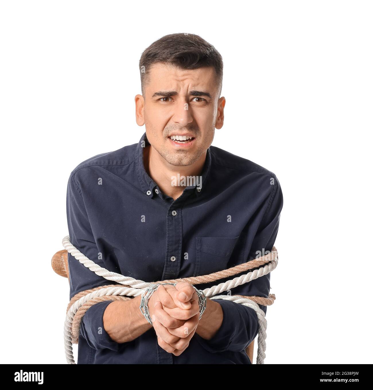 Male hostage on white background Stock Photo - Alamy
