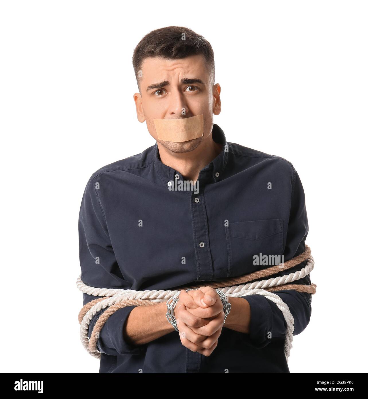 Male hostage on white background Stock Photo - Alamy