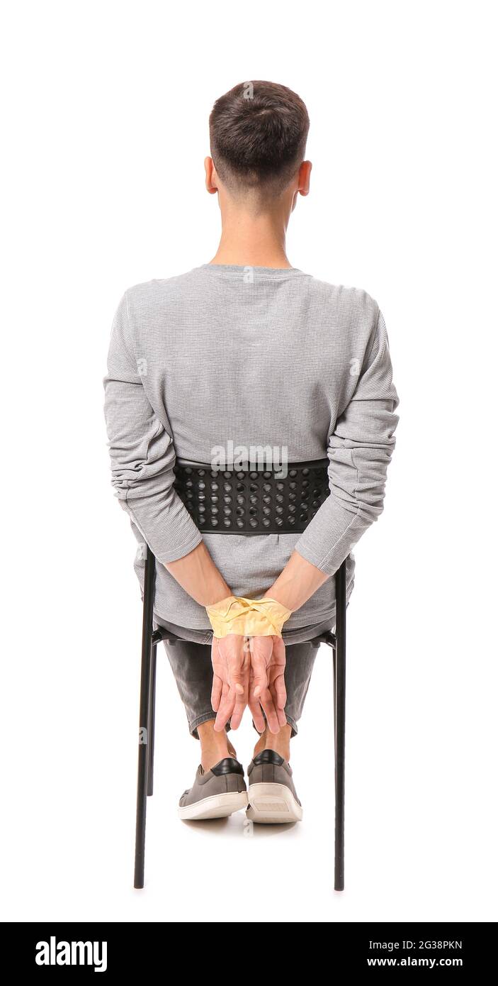 Male hostage on white background Stock Photo - Alamy