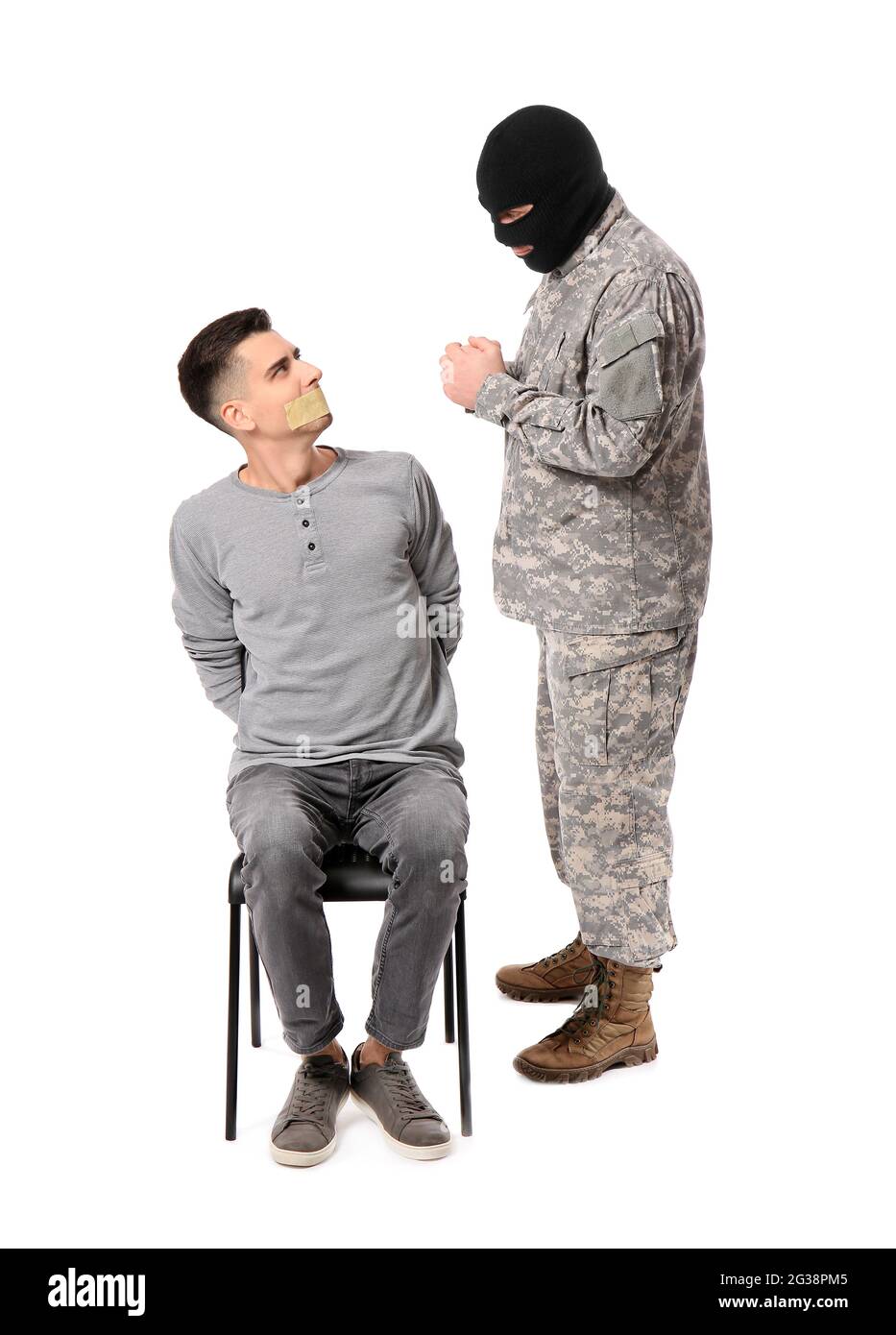 Terrorist with hostage on white background Stock Photo - Alamy
