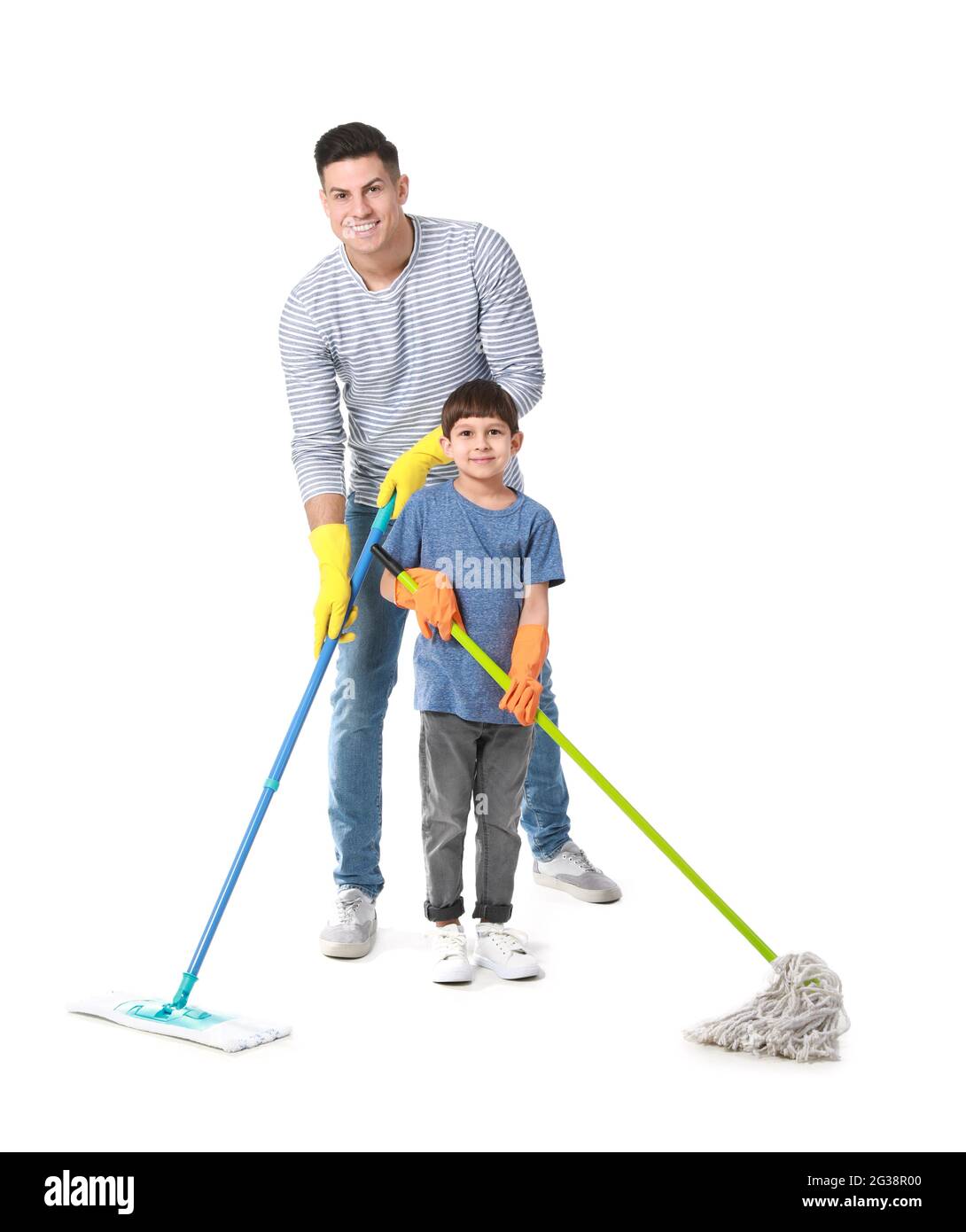 Father and son mopping floor on white background Stock Photo - Alamy