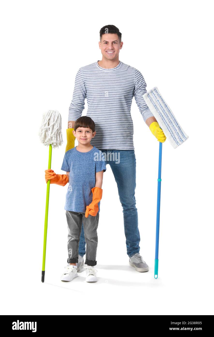 Father and son with mops on white background Stock Photo - Alamy