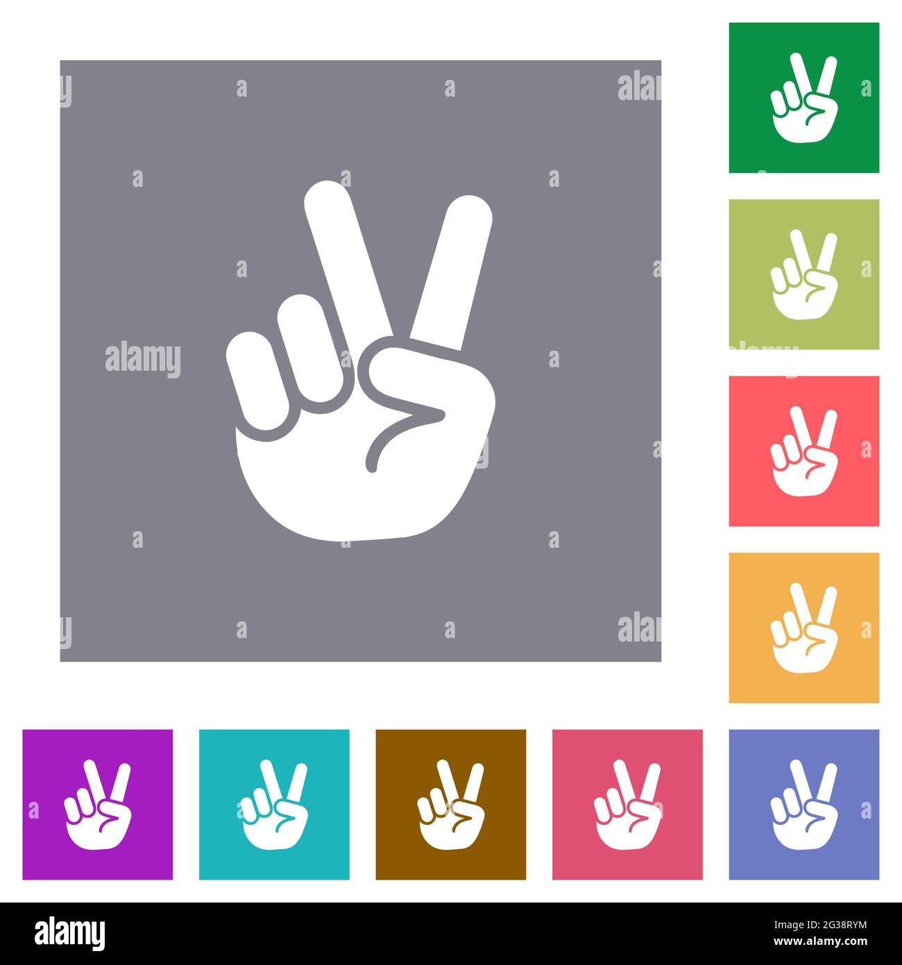 Victory sign hand gesture flat icons on simple color square backgrounds ...