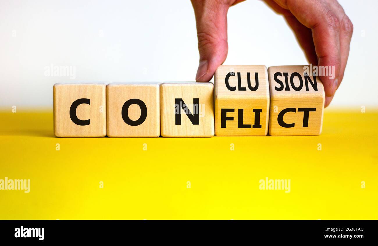 Conflict or conclusion symbol. Businessman turns wooden cubes, changes ...