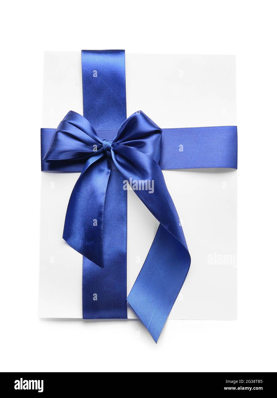Blank sheet of paper with blue ribbon on white background Stock Photo ...