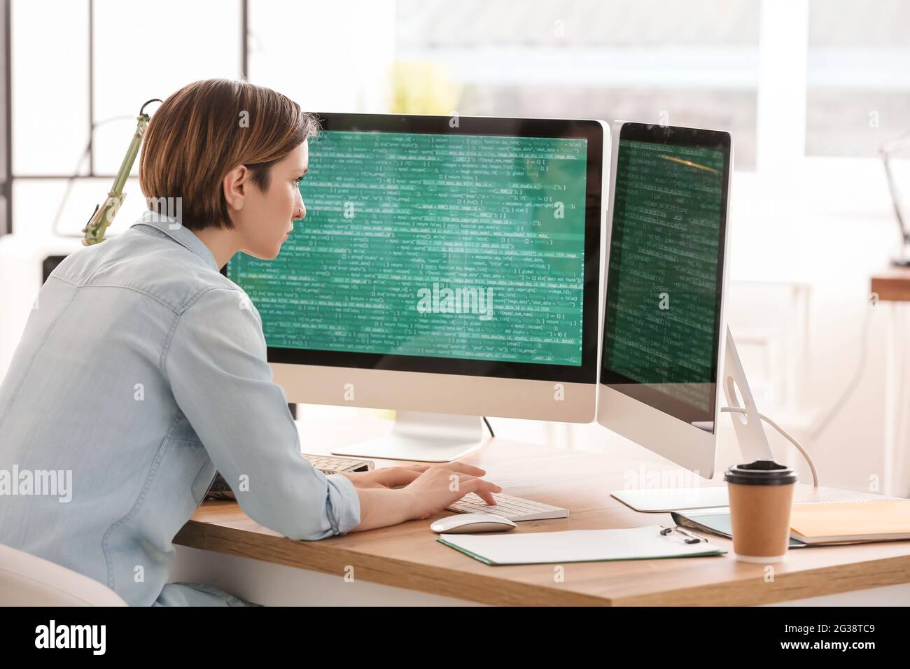 Female programmer using computer in office Stock Photo - Alamy
