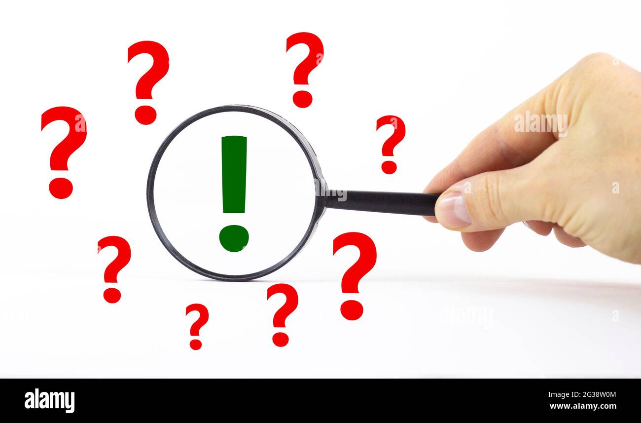 Exclamation and question marks symbol. Magnifying glass with ...
