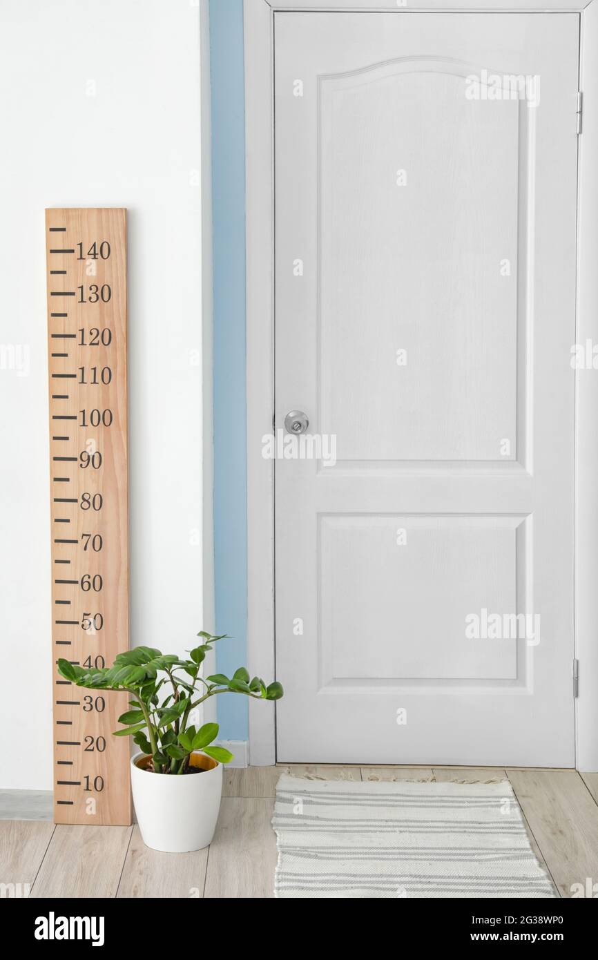Wooden stadiometer and houseplant near door in room Stock Photo - Alamy