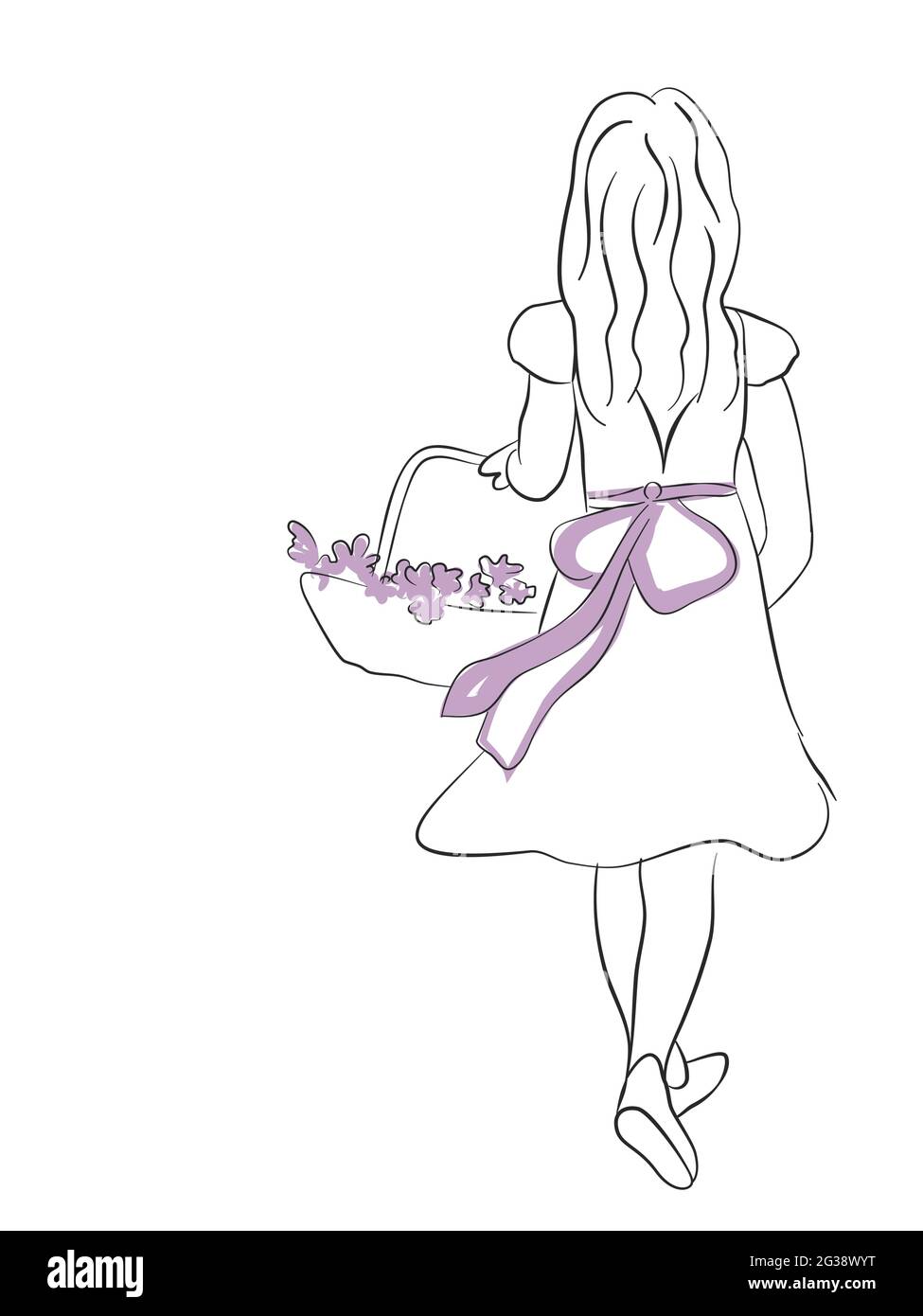 A little girl carry a flower basket. Cute girl walking forward with ...