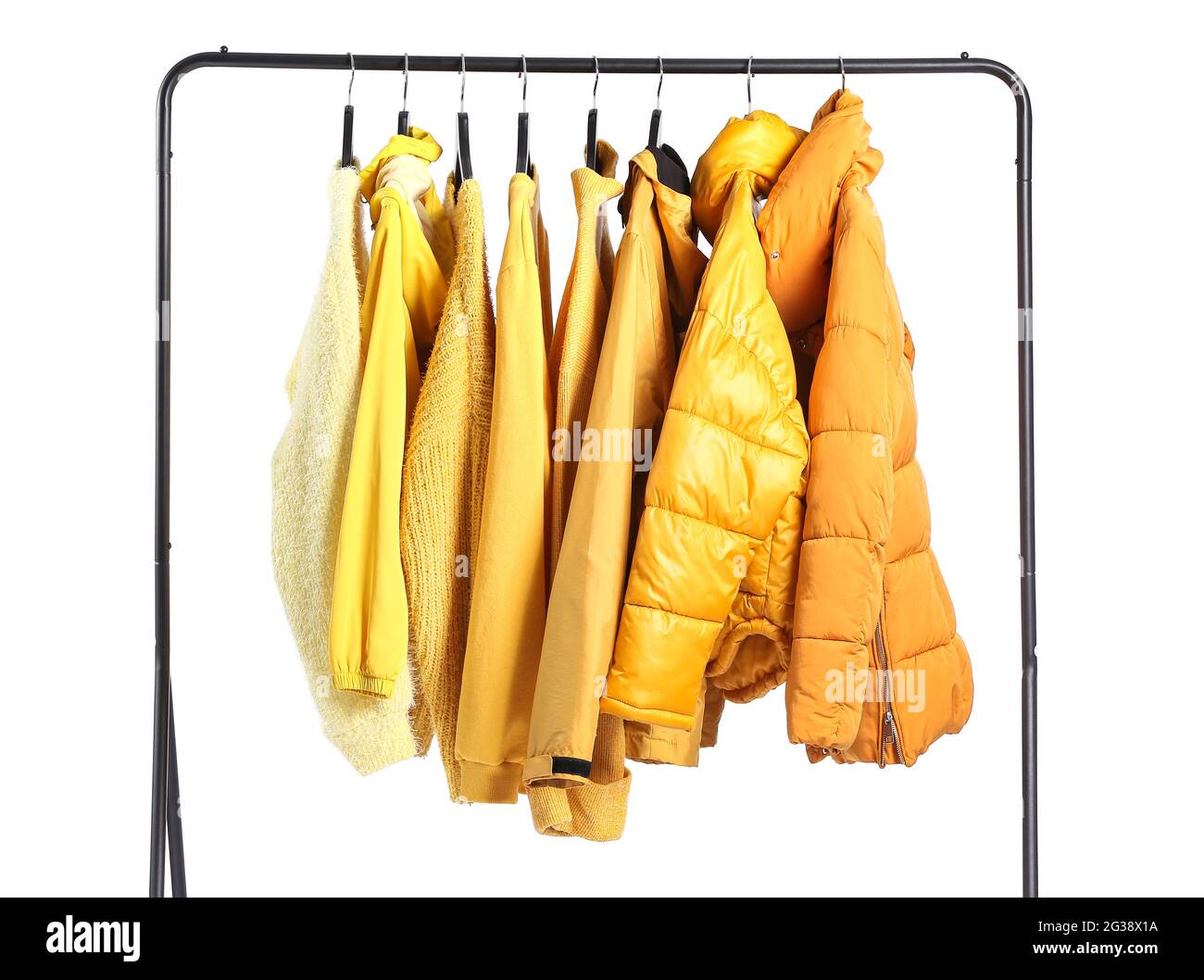 Rack with modern clothes on white background Stock Photo - Alamy