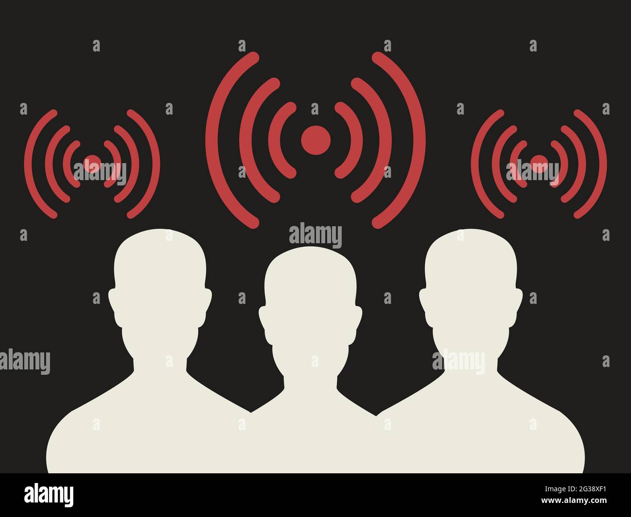 Group of people under radio waves, wifi, cellular. Human sillhouettes ...