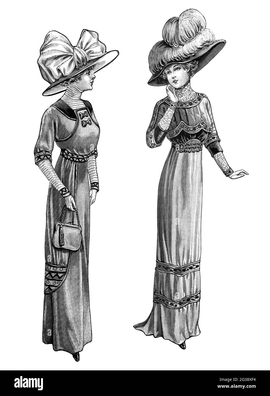 Women in vintage elegant dress and hat isolated on white background ...