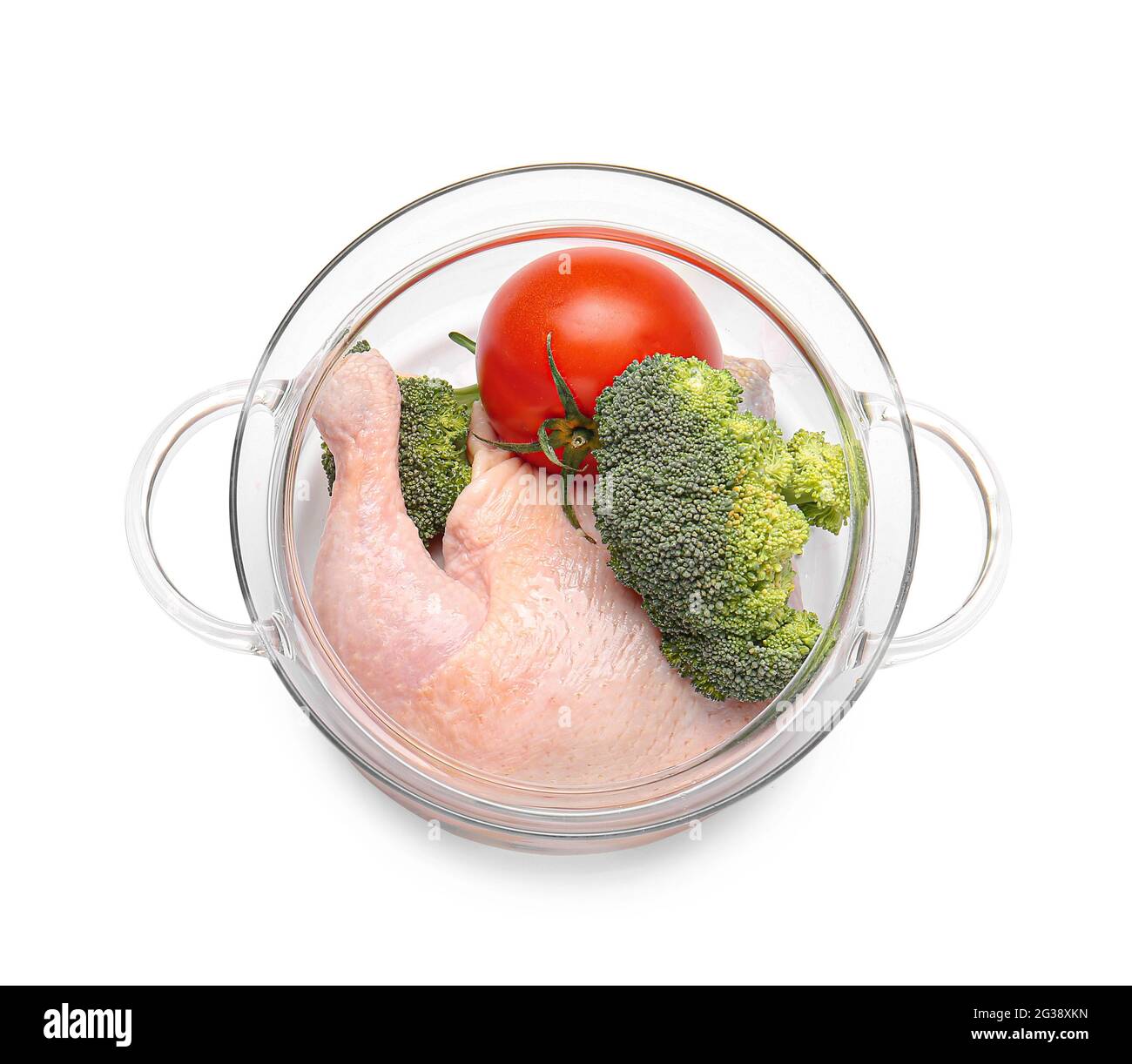 Stylish cooking pot with chicken and vegetables on white background ...