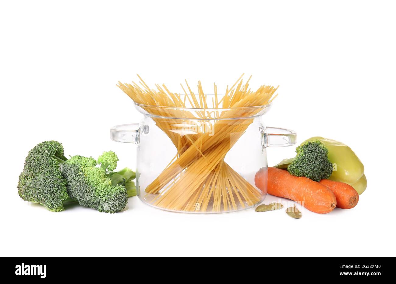Stylish cooking pot and products on white background Stock Photo - Alamy