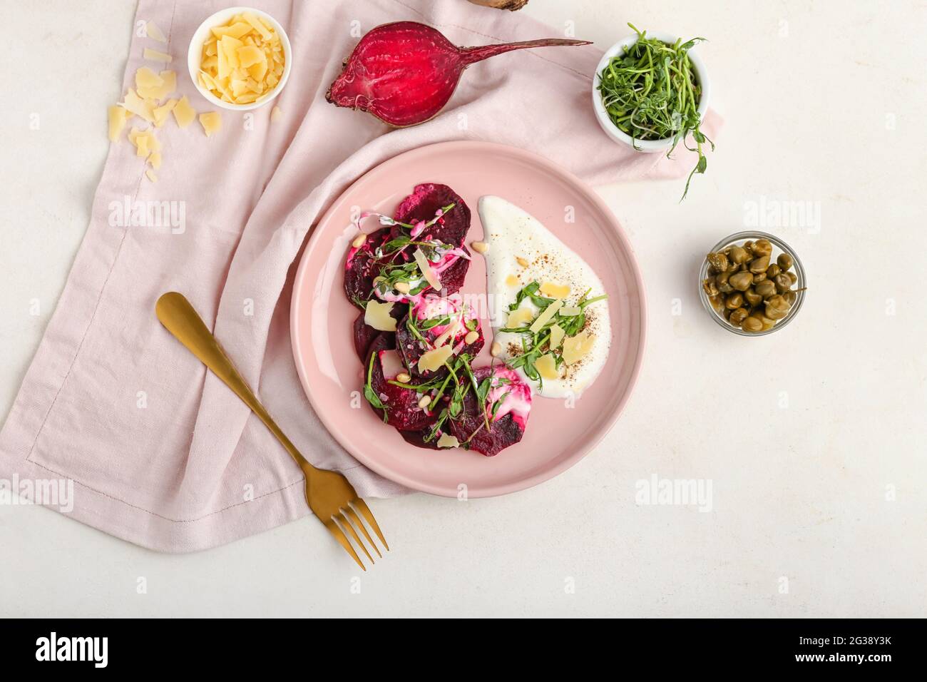 Composition with delicious beetroot carpaccio on light background Stock ...