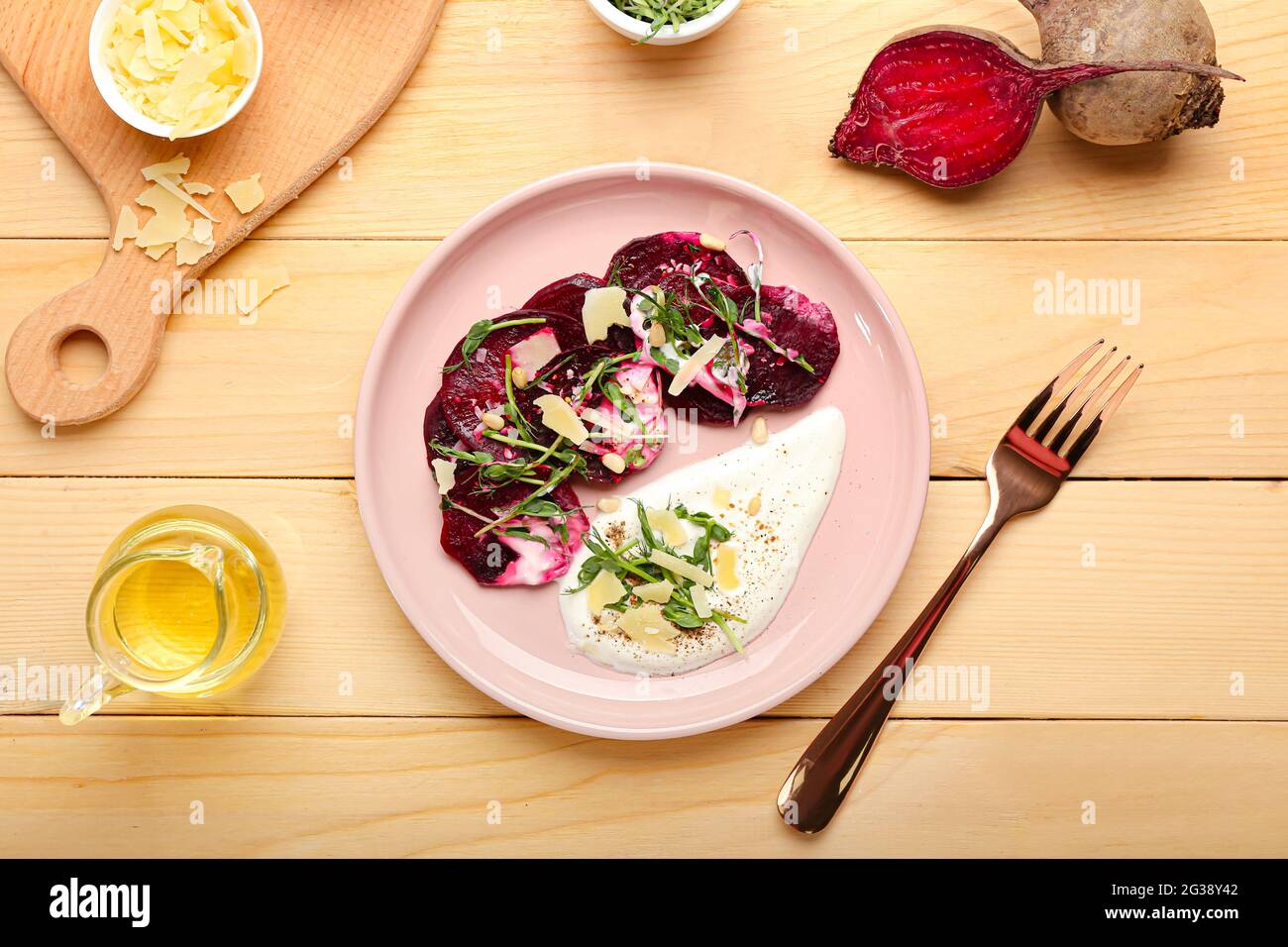 Composition with delicious beetroot carpaccio on wooden background ...