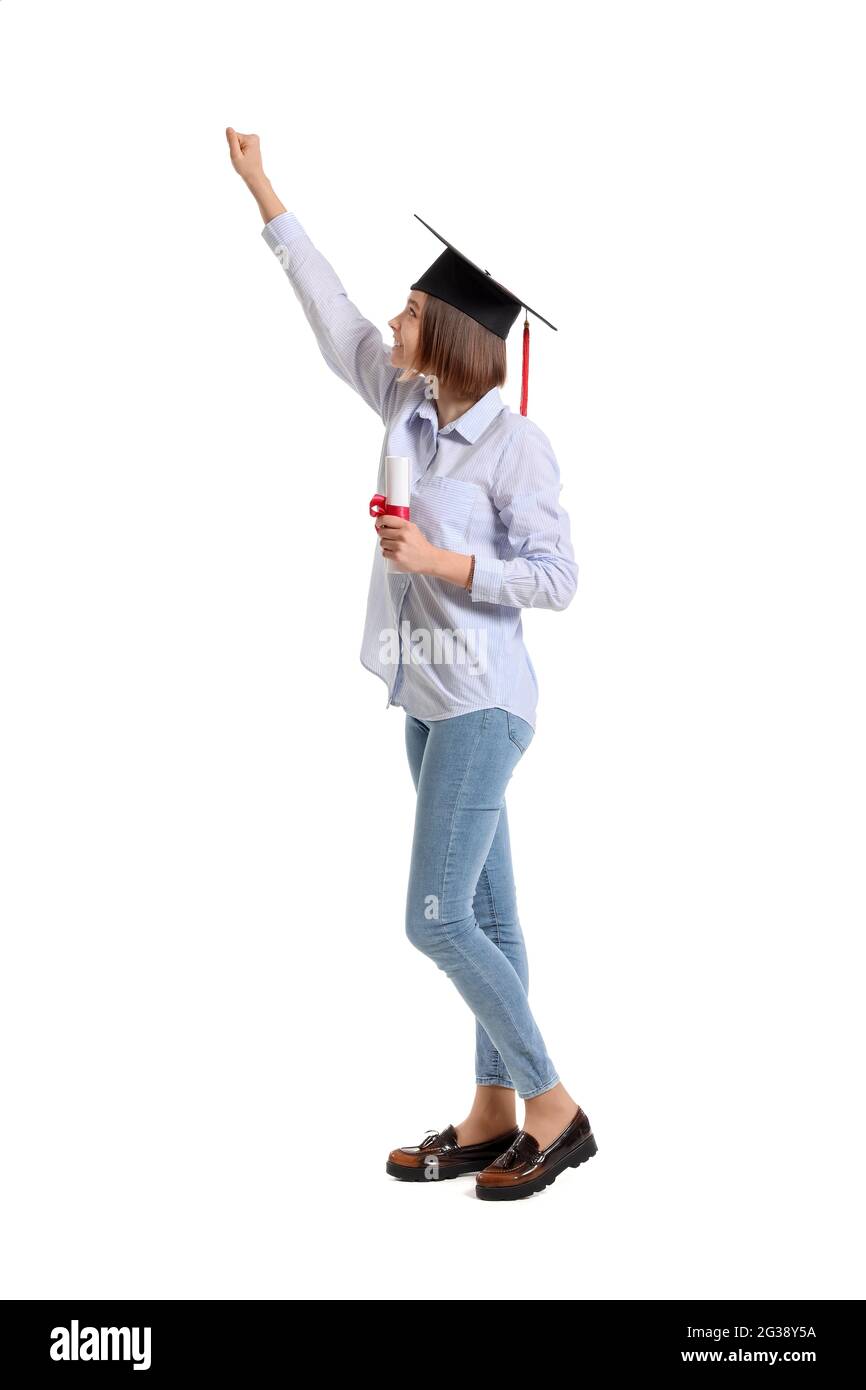 Female graduating student with diploma on white background Stock Photo ...
