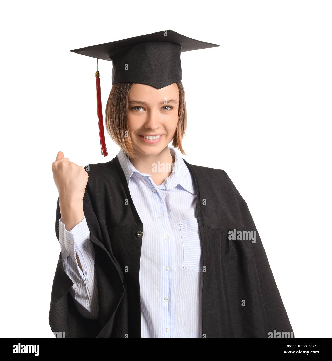 Happy female graduating student on white background Stock Photo - Alamy
