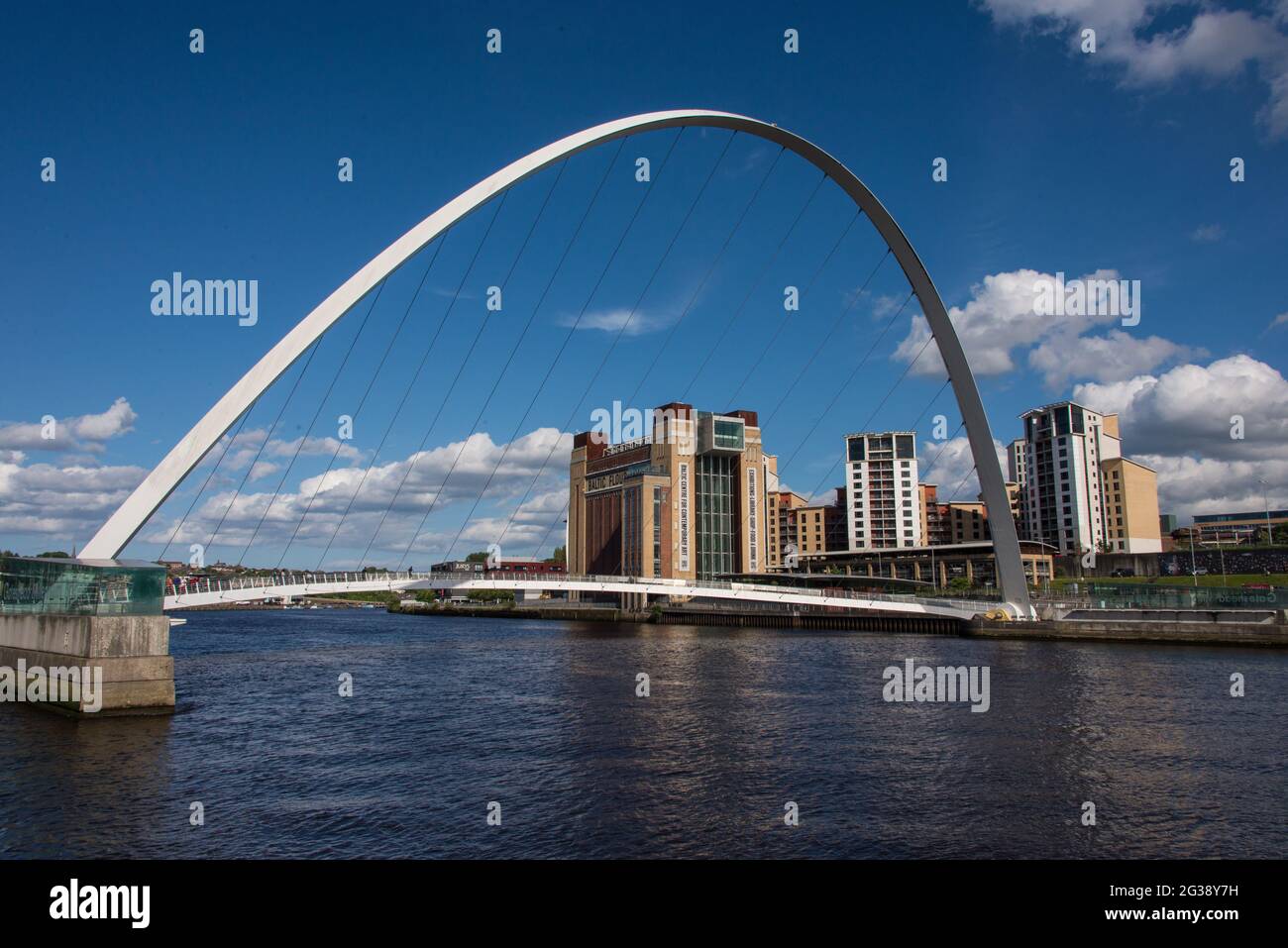 At the Tyne River promenade: A view of Gateshead Millennium Bridge and ...
