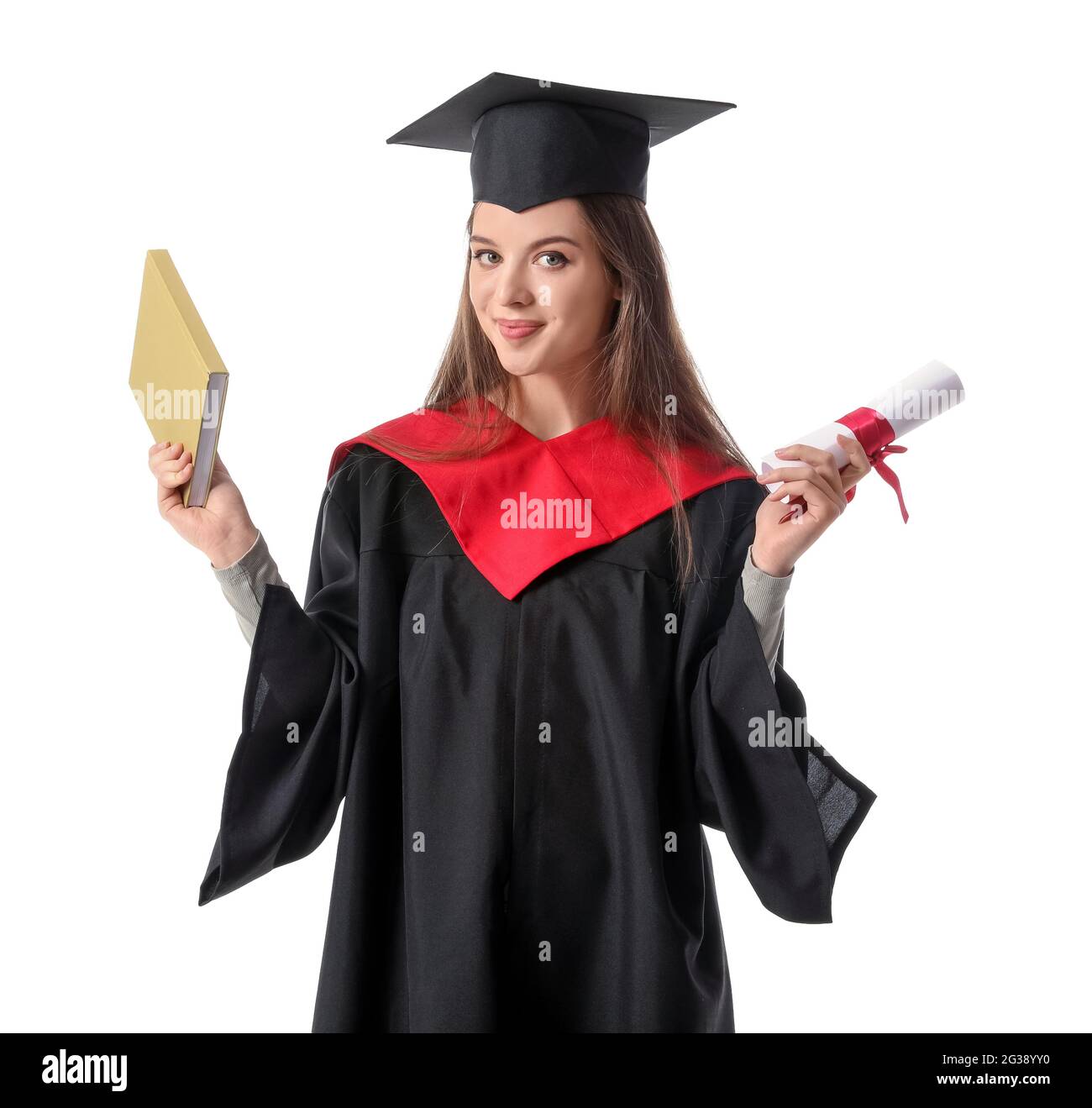 Female graduating student with diploma and book on white background ...