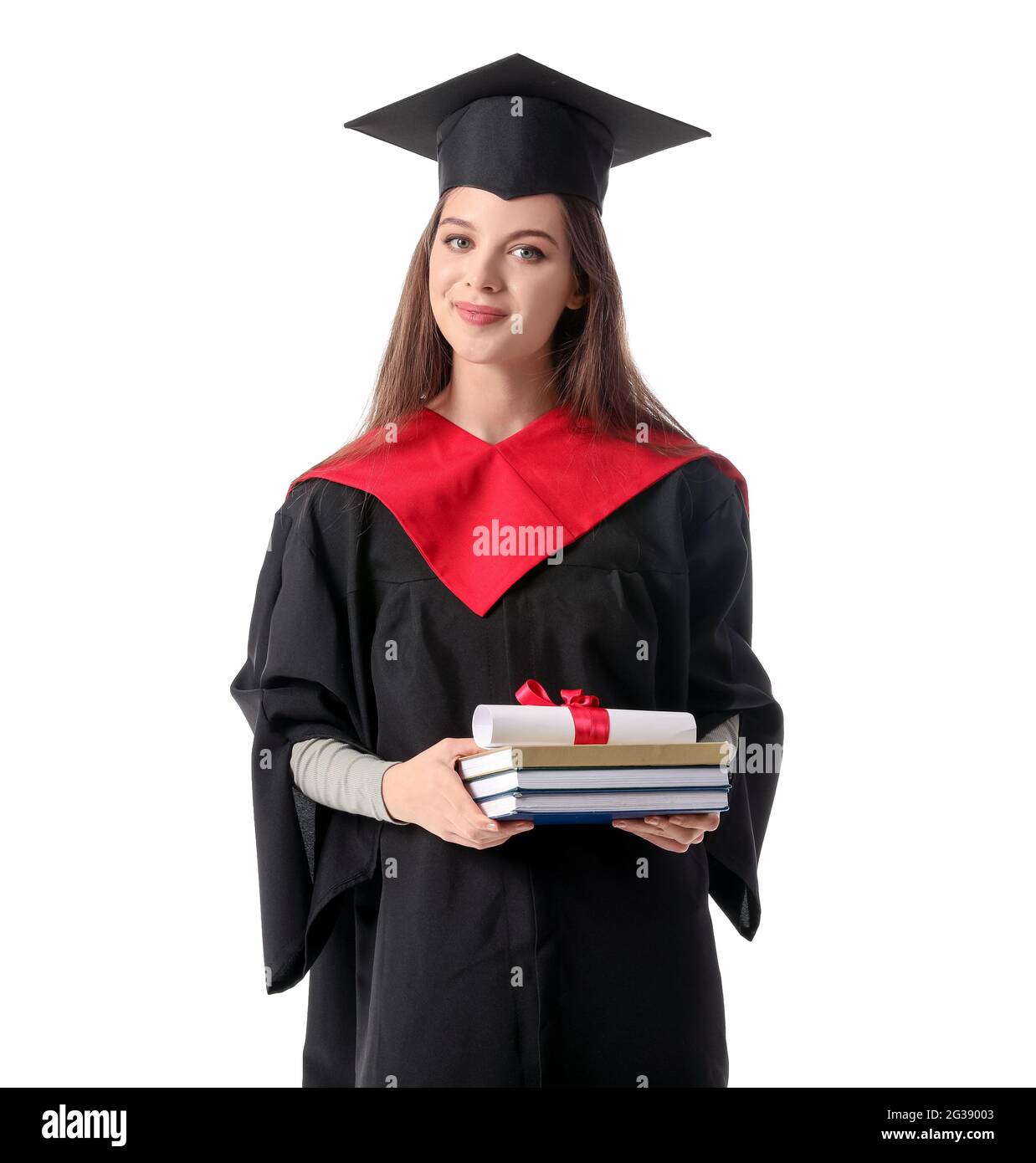 Female graduating student with diploma and books on white background ...