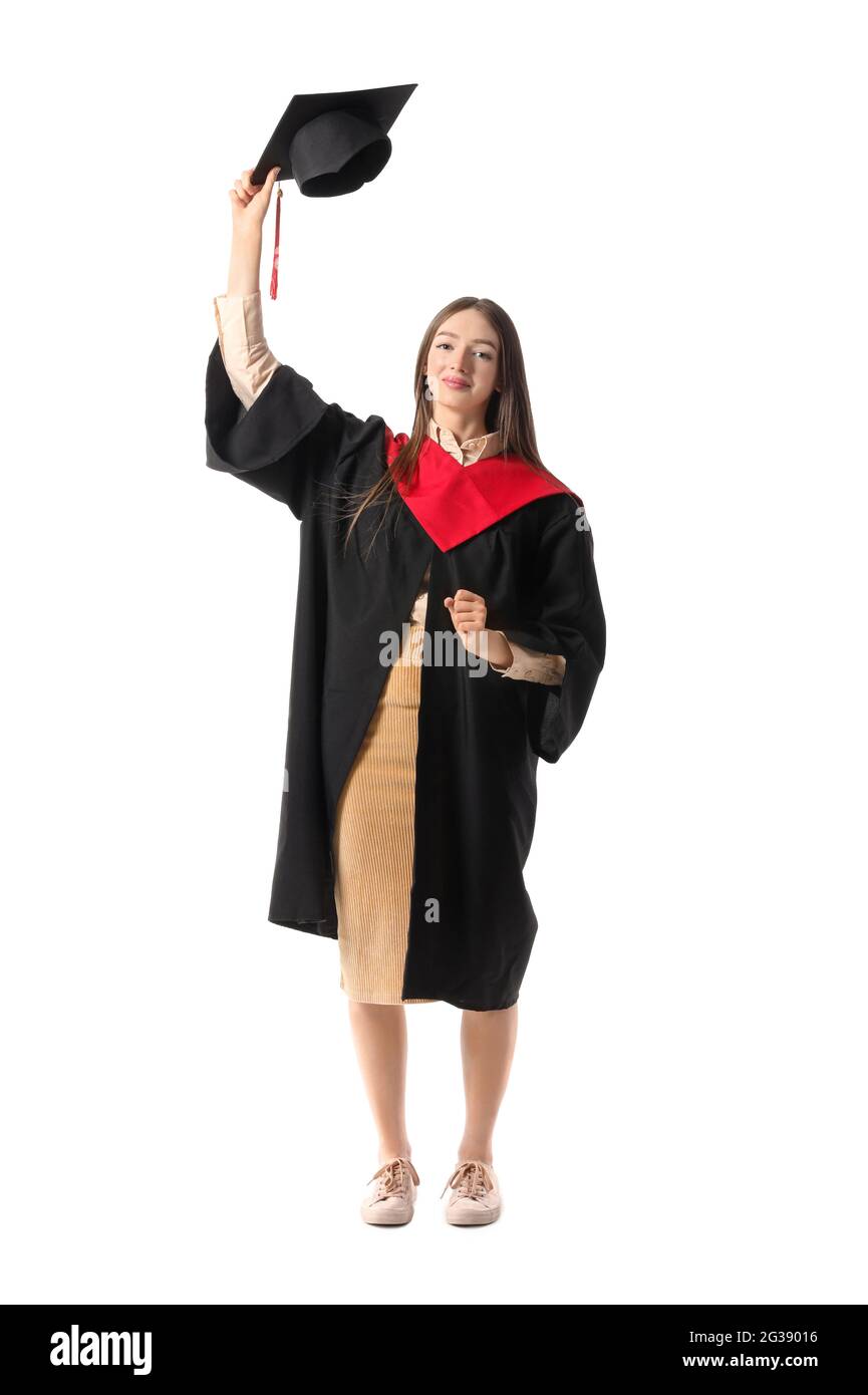 Happy female graduating student on white background Stock Photo - Alamy