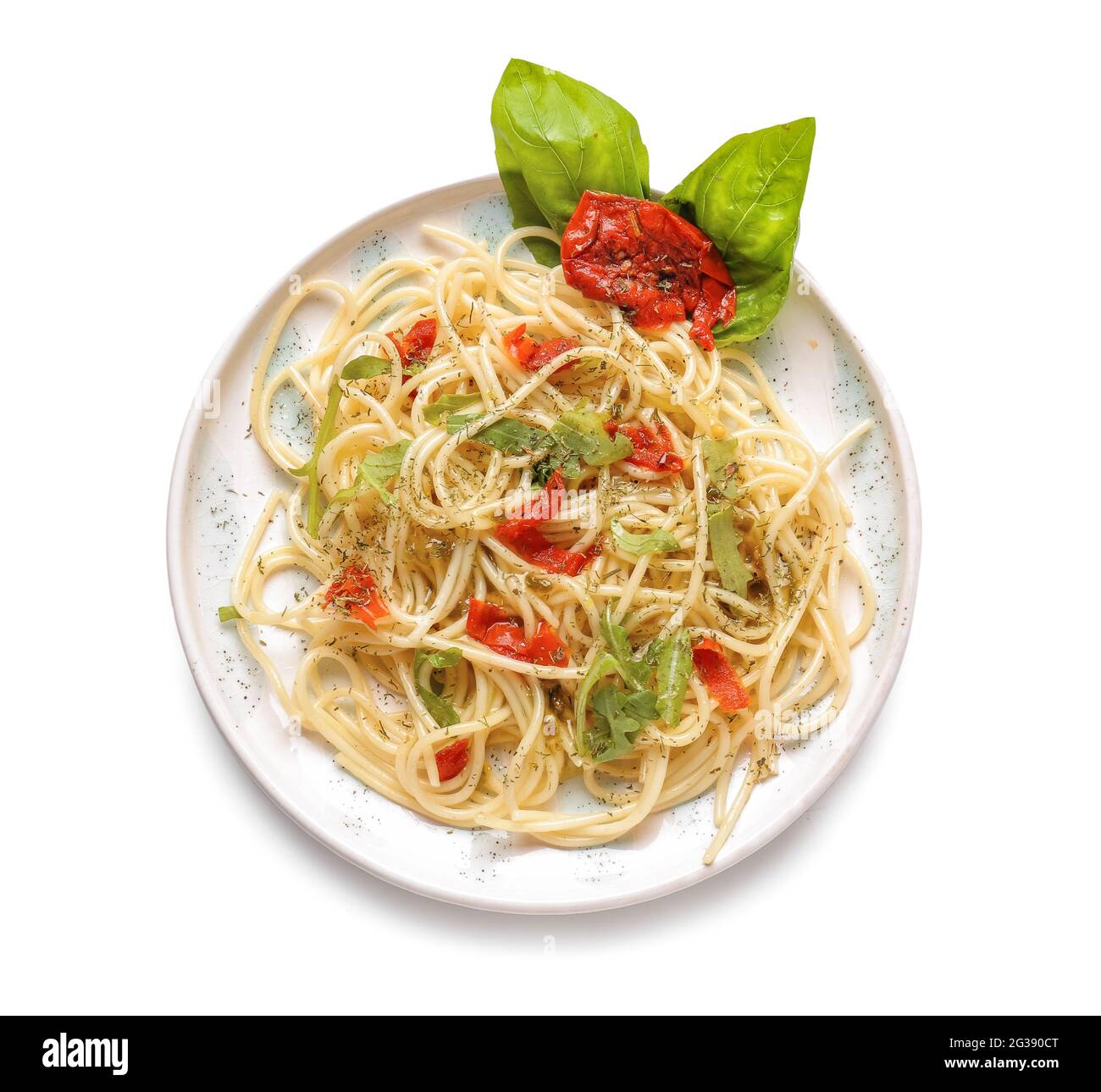 Plate with tasty pasta on white background Stock Photo - Alamy