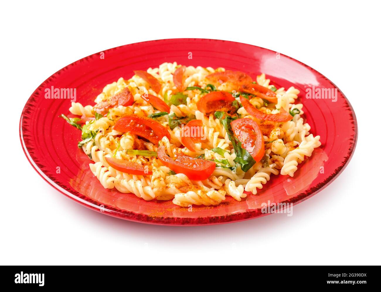 Plate with tasty pasta and tomatoes on white background Stock Photo - Alamy