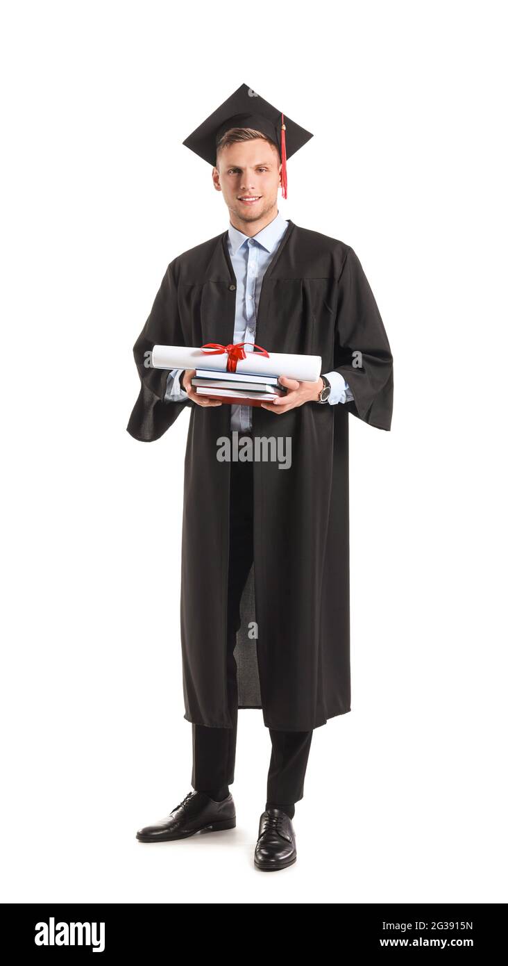 Male graduating student on white background Stock Photo - Alamy