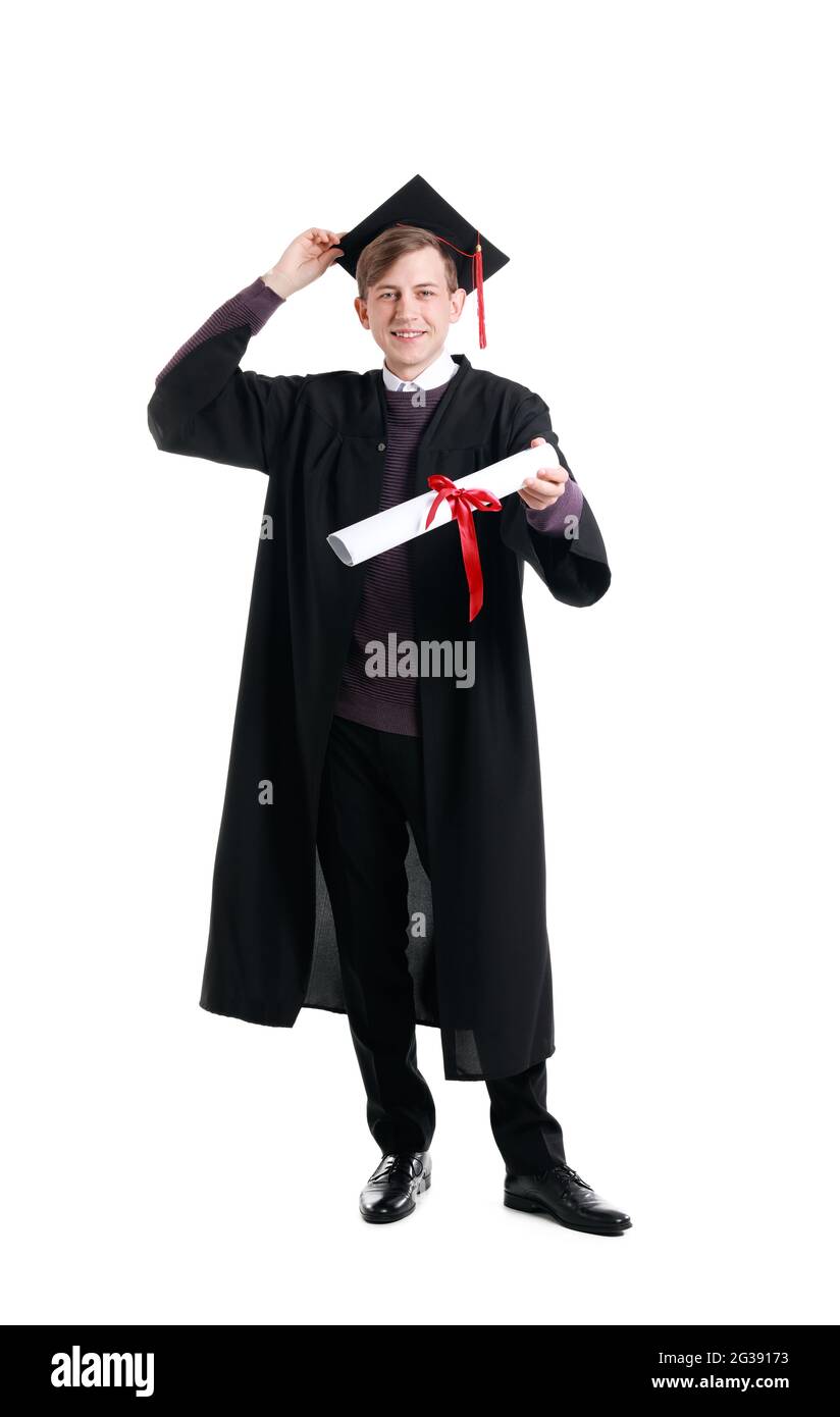 Male graduating student on white background Stock Photo - Alamy