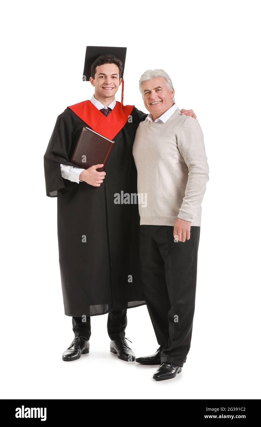 Happy male graduation student with his father on white background Stock ...
