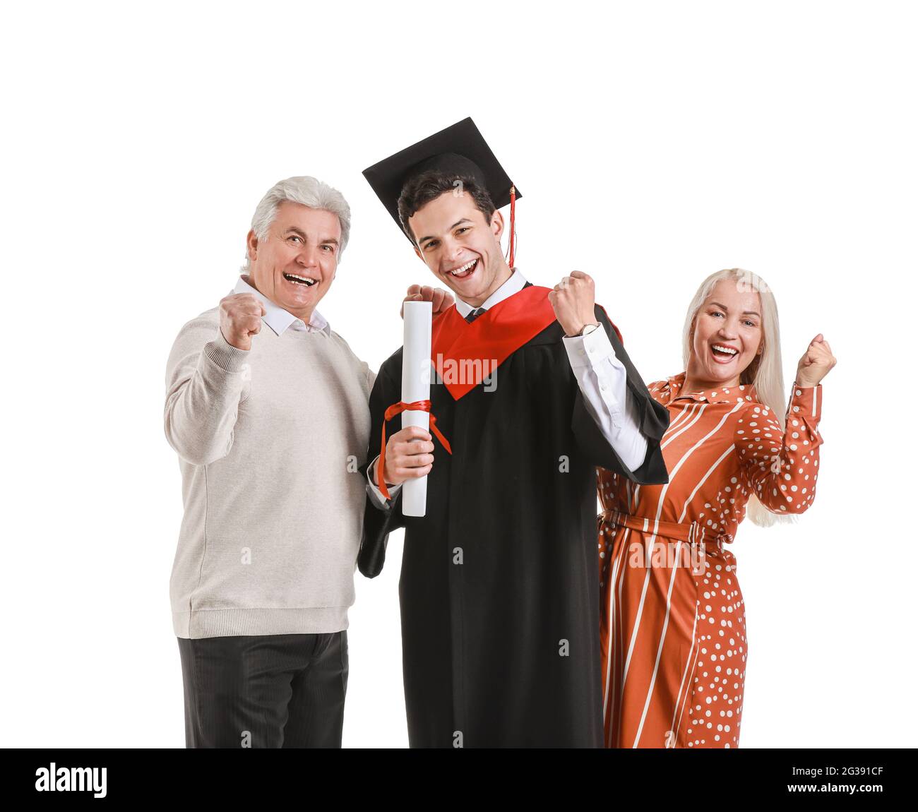 Happy male graduation student with his parents on white background ...