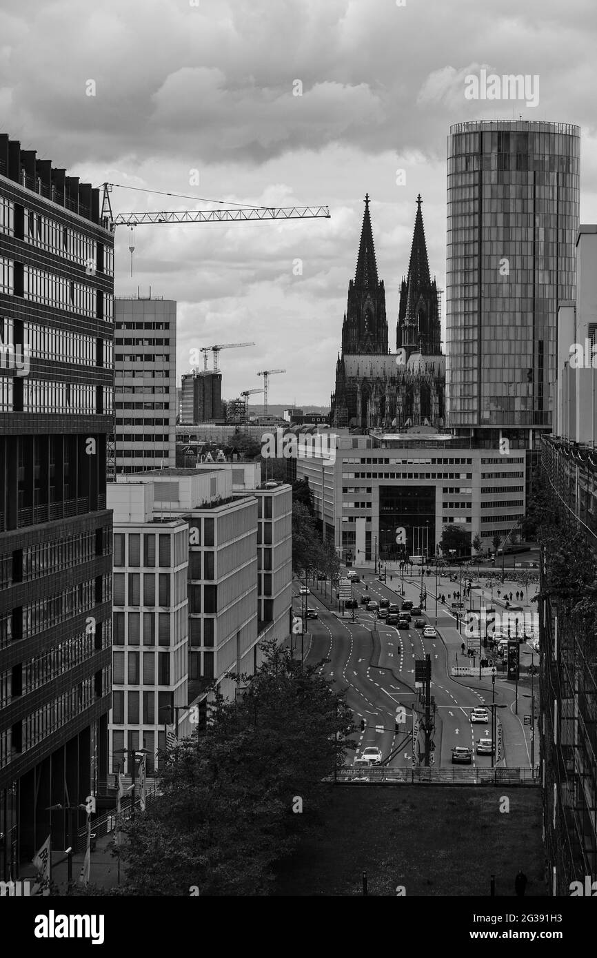 COLOGN, GERMANY - May 23, 2021: A vertical grayscale shot of the rear ...