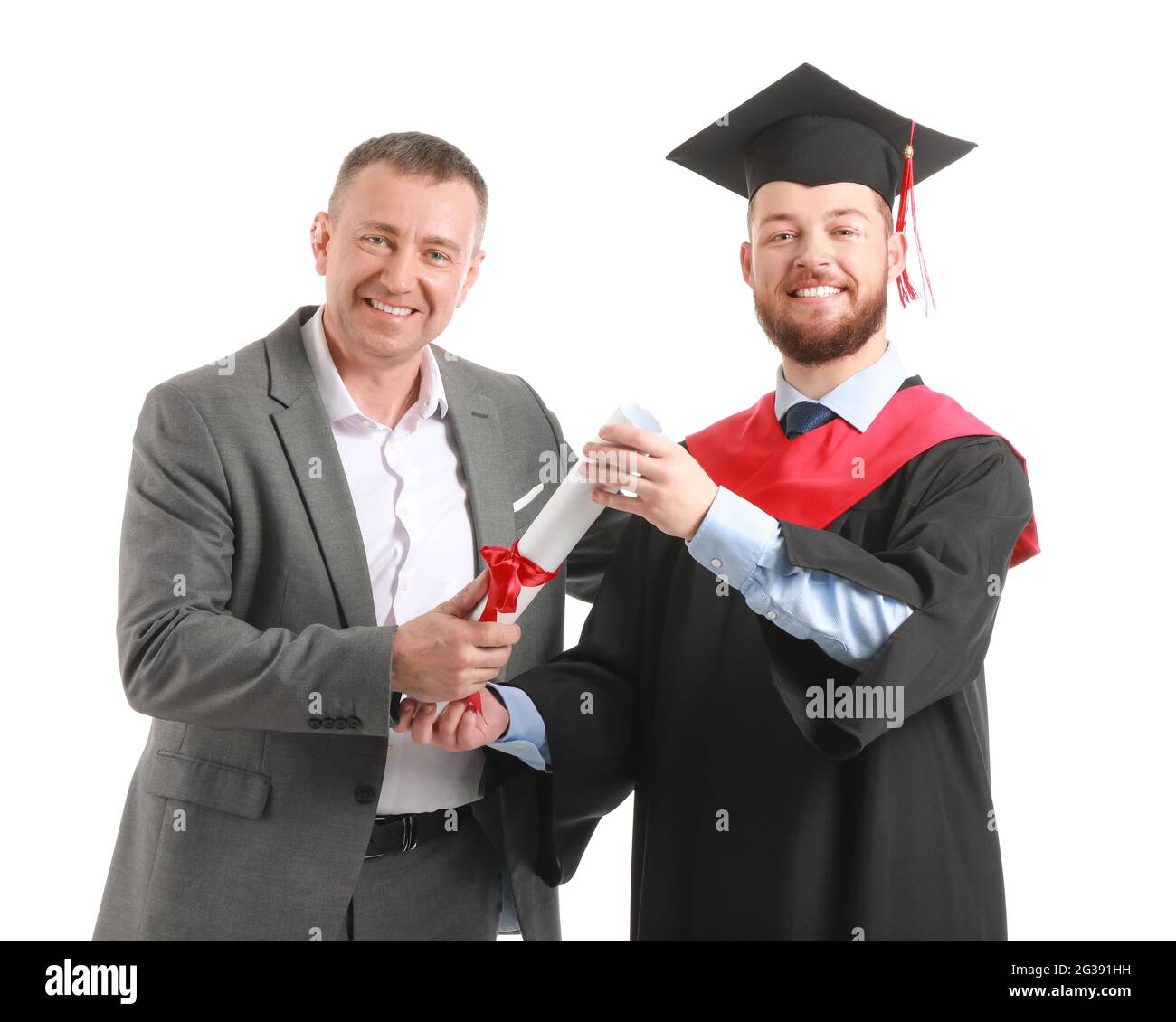Happy male graduation student with his father on white background Stock ...